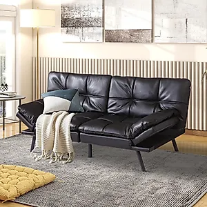 MUUEGM Faux Leather Memory Foam Convertible FoldIing Futon Sofa Bed, Modern Lounge Sofa with Adjustable Backrest Armrests, Futon Couch for Living Room with Loveseats in Black.（Leather,Black）