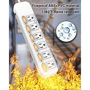 KRR Power Strip Independent Switches, Extension Cord 6 feet, 6 Outlets, 300J Surge Protector