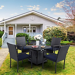 Sophia & William Outdoor 5 Pieces Dining Set with 1 Square Gas Fire Pit Table and 4 PE Rattan Chairs, Modern 2 in 1 50000 BTU Patio Propane Firepits Table Auto-ignition Black 28.4"L x 28.4"Wx 24.8"H