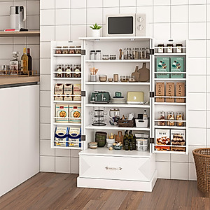 Bigbiglife 47" Kitchen Pantry Cabinet, Kitchen Storage Cabinet with Doors and Adjustable Shelves, Freestanding Buffet Cupboards with Drawer for Kitchen, Living Room and Dining Room, White