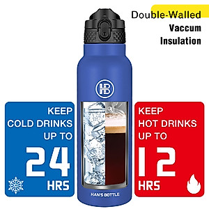 Han's Bottle Sports Water Bottle - 24 Oz, Straw Lid, Leak Proof, Vacuum Insulated Stainless Steel, Double Walled, Thermo Mug,Navy Blue