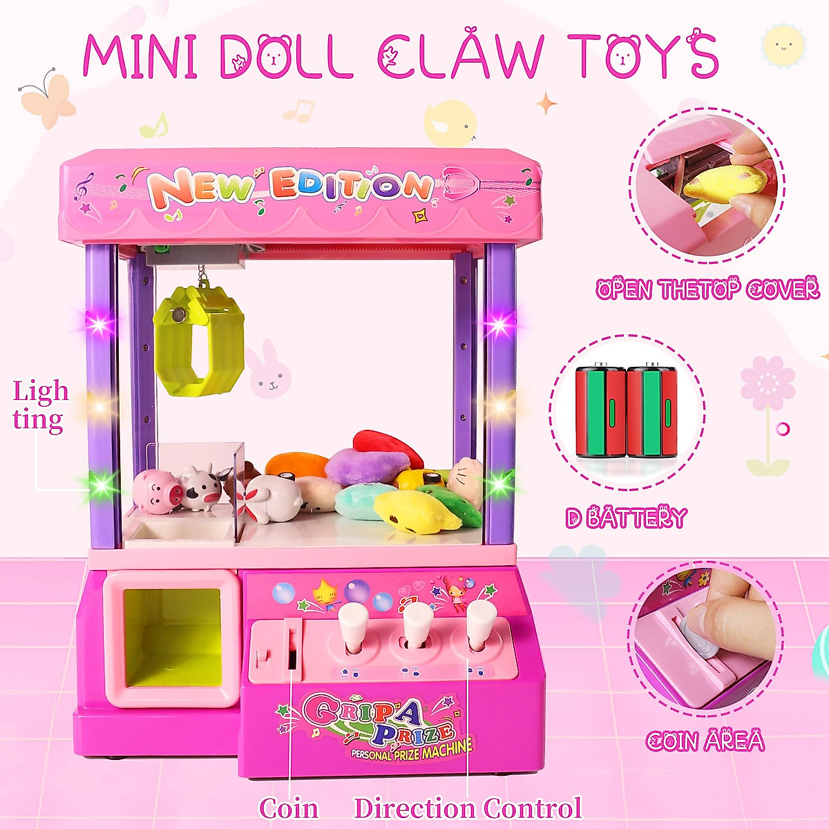 Yasola Claw Machine for Kids,Mini Vending Machines, Arcade Candy Claw Game Prizes Grabber Toy for Home,Prize Dispenser Toys for Girls with Lights Sound（16 Random Mini Toys ）