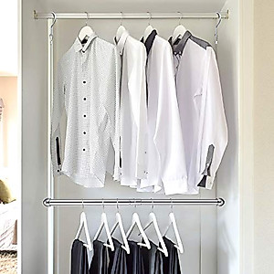 2 Pieces Hanging Closet Rod, Adjustable Width and Height, Clothes Hanging Bar Closet Organizer Rod Double Closet Rod Poles for Hanging Clothes Indoor Outdoor Closet Space-Saving (Stainless Steel)