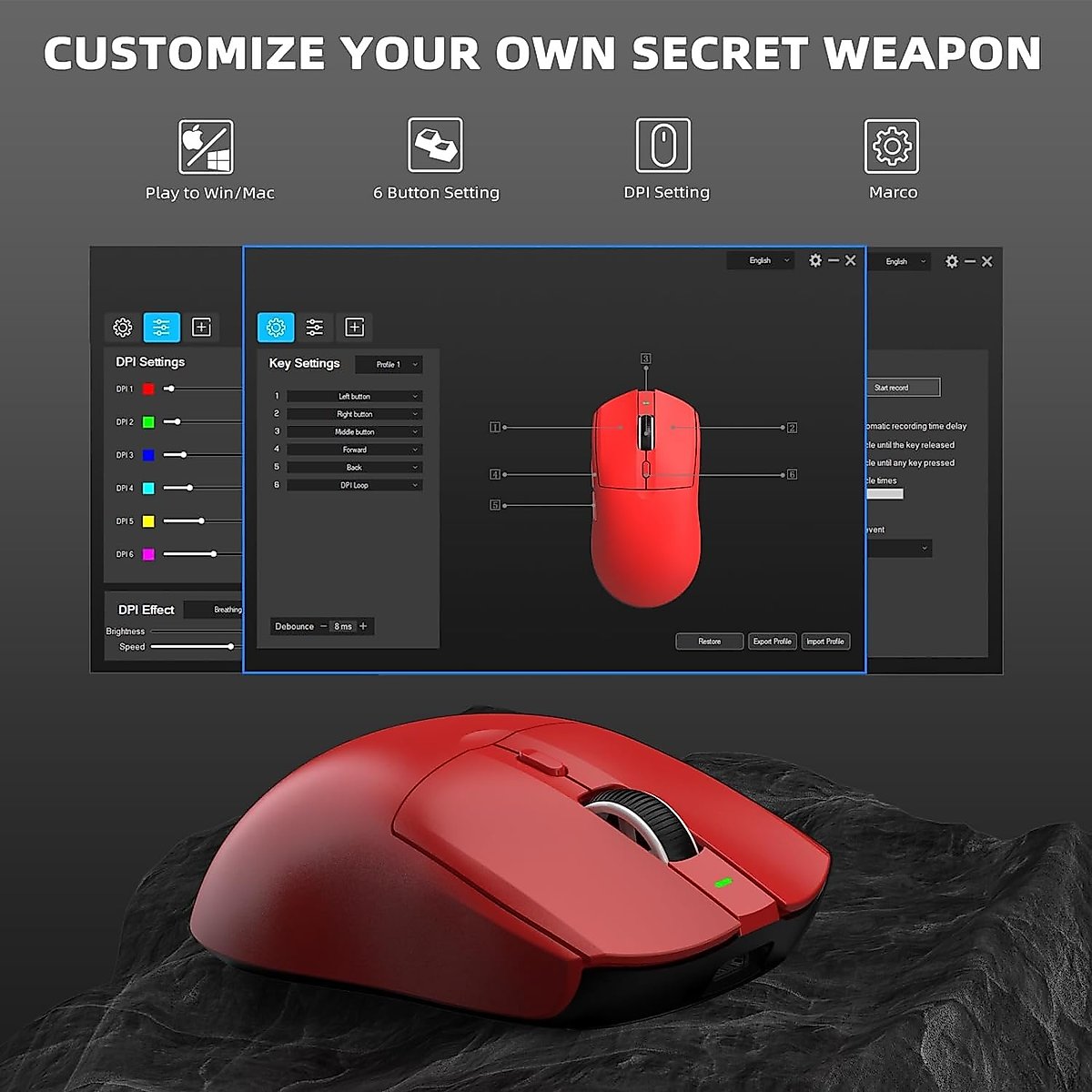 A.JAZZ AJ139 G Pro Wireless Gaming Mouse Ultra-Lightweight 59g with Dual Mode-Type C Wired/2.4Ghz USB Receiver up to 26000DPI 6 Programmable Button Ergonomic Symmetric for PS4 Xbox PC Mac Gamer(Red)