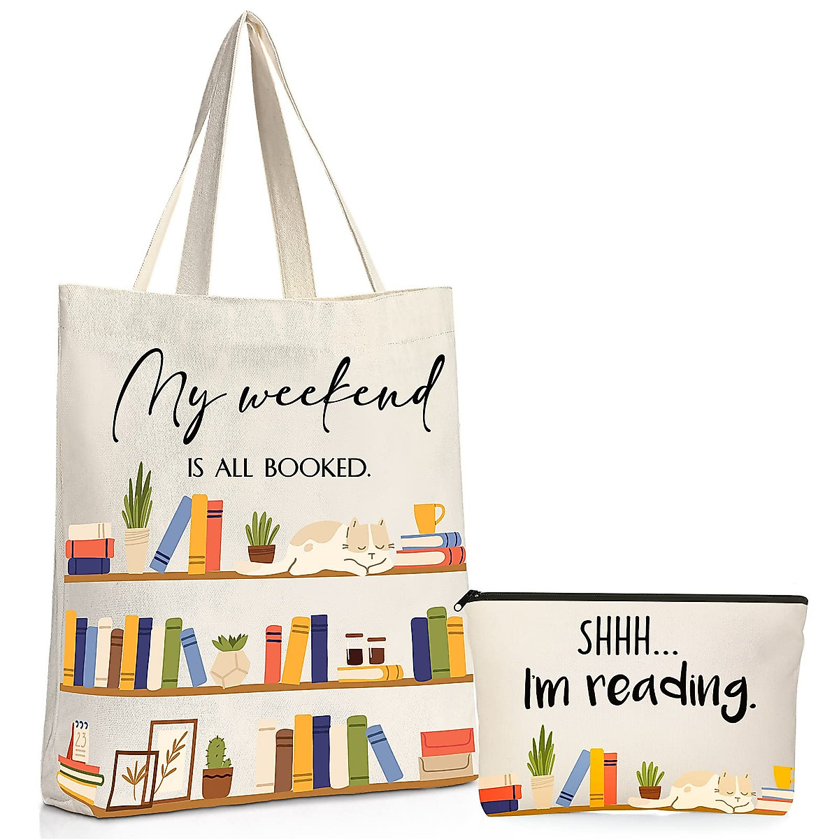 Sieral 2 Pcs Book Lovers Gifts Bookshelf Tote Bag Makeup Reading Canvas Bag Reusable Book Tote Bag Cosmetic Pencil Cases School Bag Gift with Metal Zipper Bookish Librarian Gifts for Women Teacher