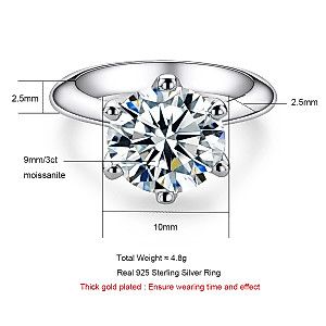 AnuClub 3ct Solitire Moissanite Engagement Ring For Women D Color Lab Diamond 18K White Gold Plated Silver Ring, Christmas Gift for Women, Christmas Gift for Women With Certificate (8, 3)