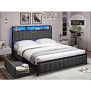 ADORNEVE Queen Bed Frame with LED Lights Headboard & 4 Storage Drawers, Upholstered Platform Bed with Outlets & USB Ports, LED Bed Frame with Storage Headboard, No Box Spring Needed,Dark Grey