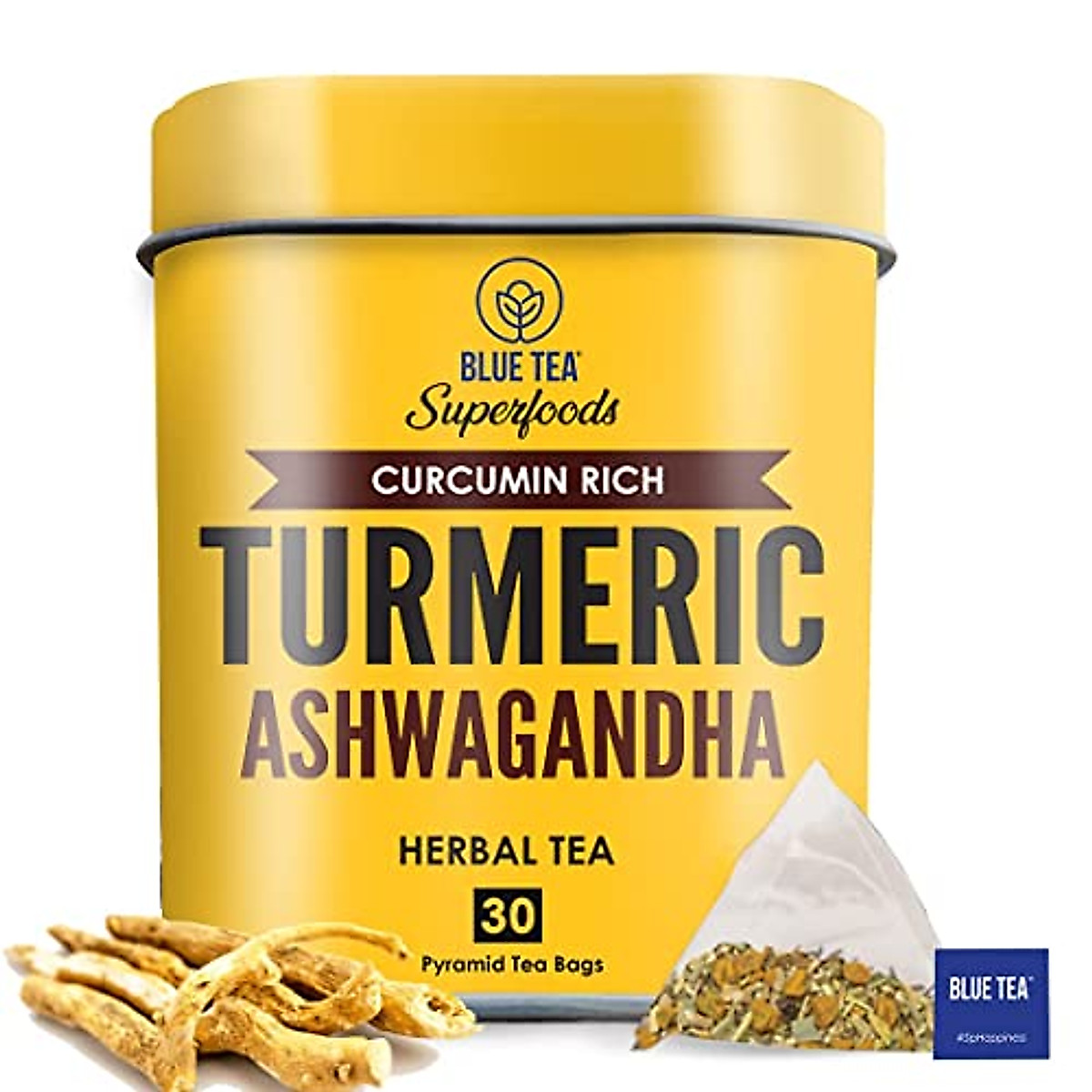BLUE TEA - Turmeric Ashwagandha Tea - 30 Plant Based Tea Bags | PRIME SAVING DAY | AYURVEDIC BLEND | Turmeric Tea - High in Curcumin - CAFFEINE FREE | Non-GMO - Vegan - Gluten Free | Reusable Tin Pack
