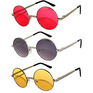 Round Retro Vintage Sunglasses Metal Frame Red Smoke Yellow 3 Pairs OWL