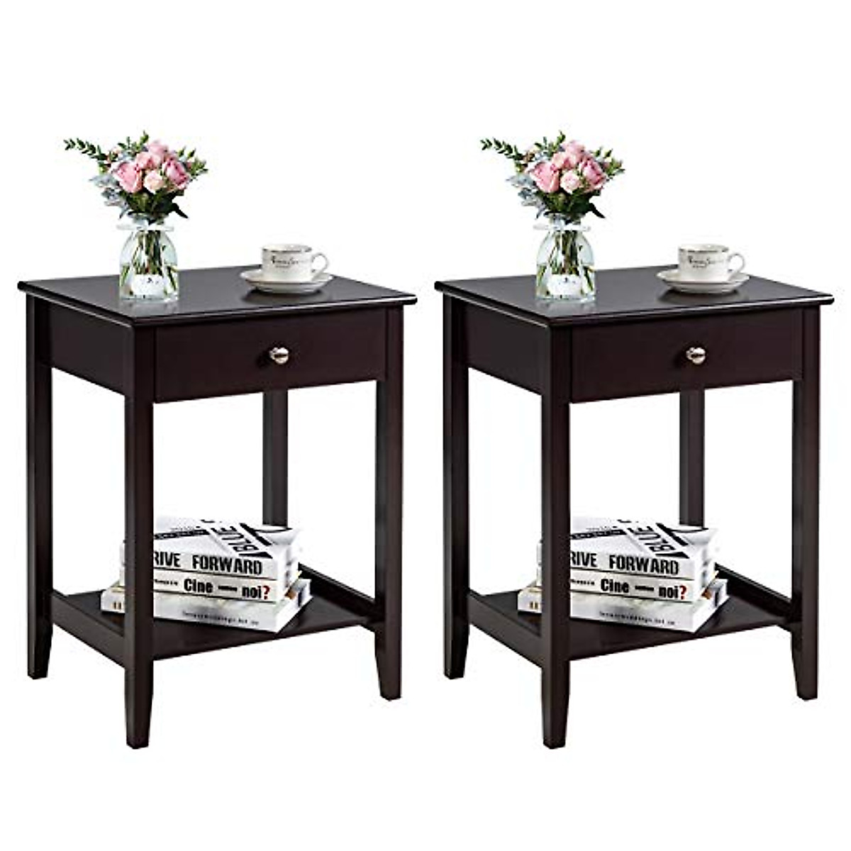 Giantex Nightstand Wooden 2-Tier Couch Sofa Side Table with Drawer, Storage Shelf, Solid Wood Legs,Mufti-Functional Home Furniture for Living Room Bedroom Study Room End Table (2, Brown)