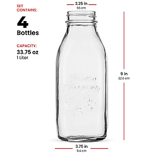 Bormioli Rocco Quattro Stagioni Glass Milk Bottle 33.75, 4 Pack, Clear