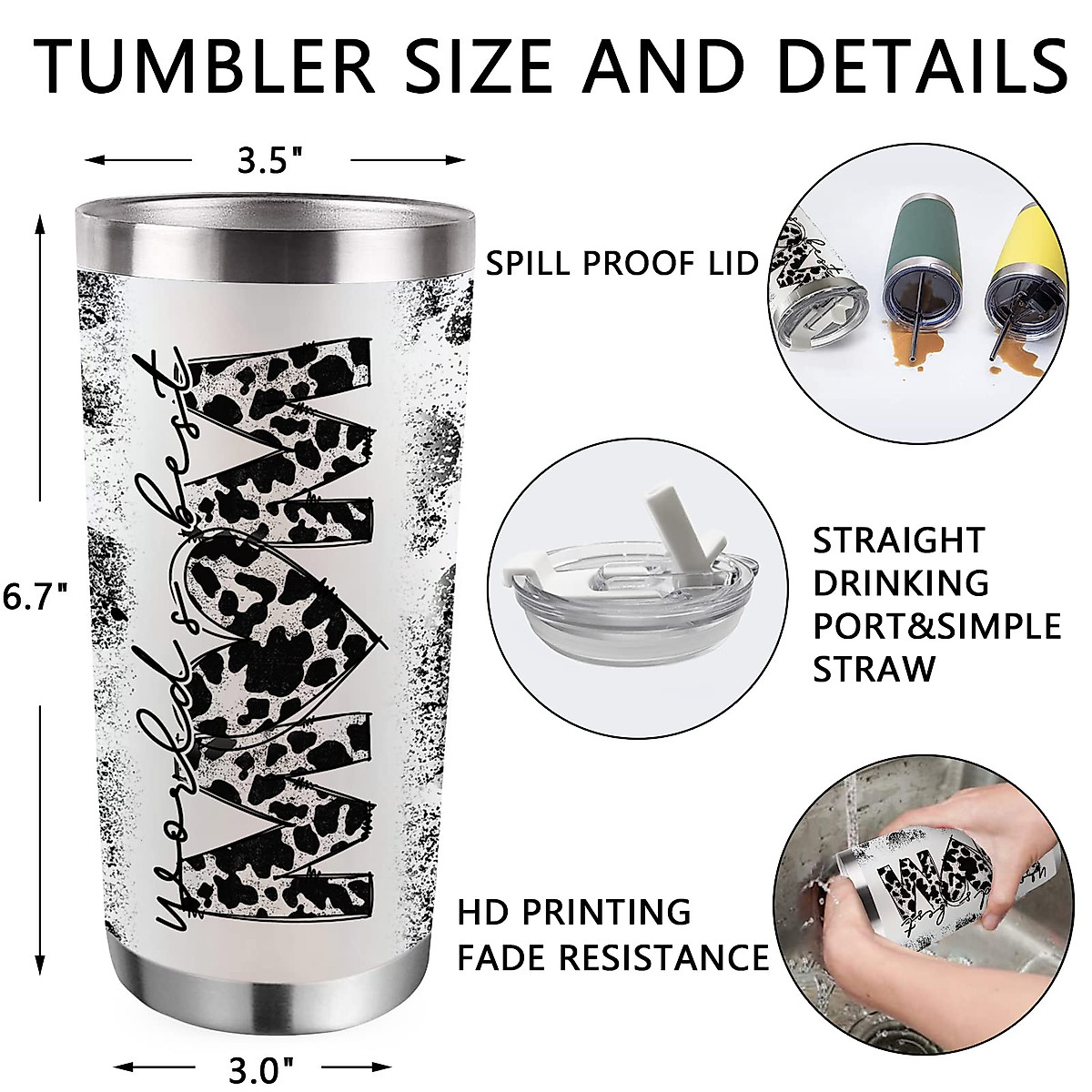 Paayna Best Mom Insulated Vacuum Tumbler with Lid, Mother's Day Birthday Gifts for Mom Women Grandma, Cow Print Stainless Steel Double Wall Cup, 20 oz Travel Detachable Straw Mug