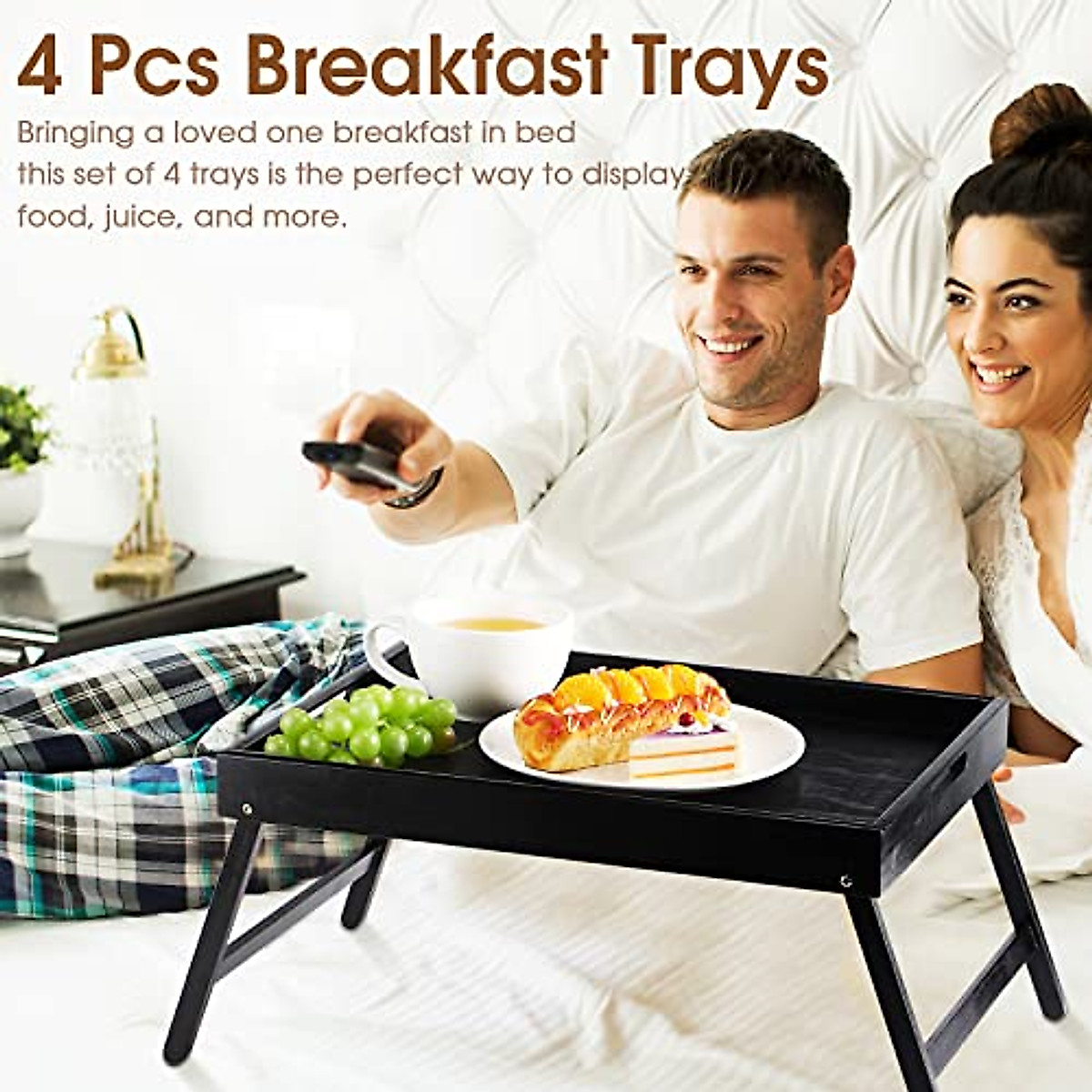 Wesiti 4 Pack Bed Trays for Eating Wood Breakfast in Bed Tray with Folding Legs and Handles Food TV Trays for Bedroom Laptops Reading Eating Picnic, 16.4 x 11.8 Inches
