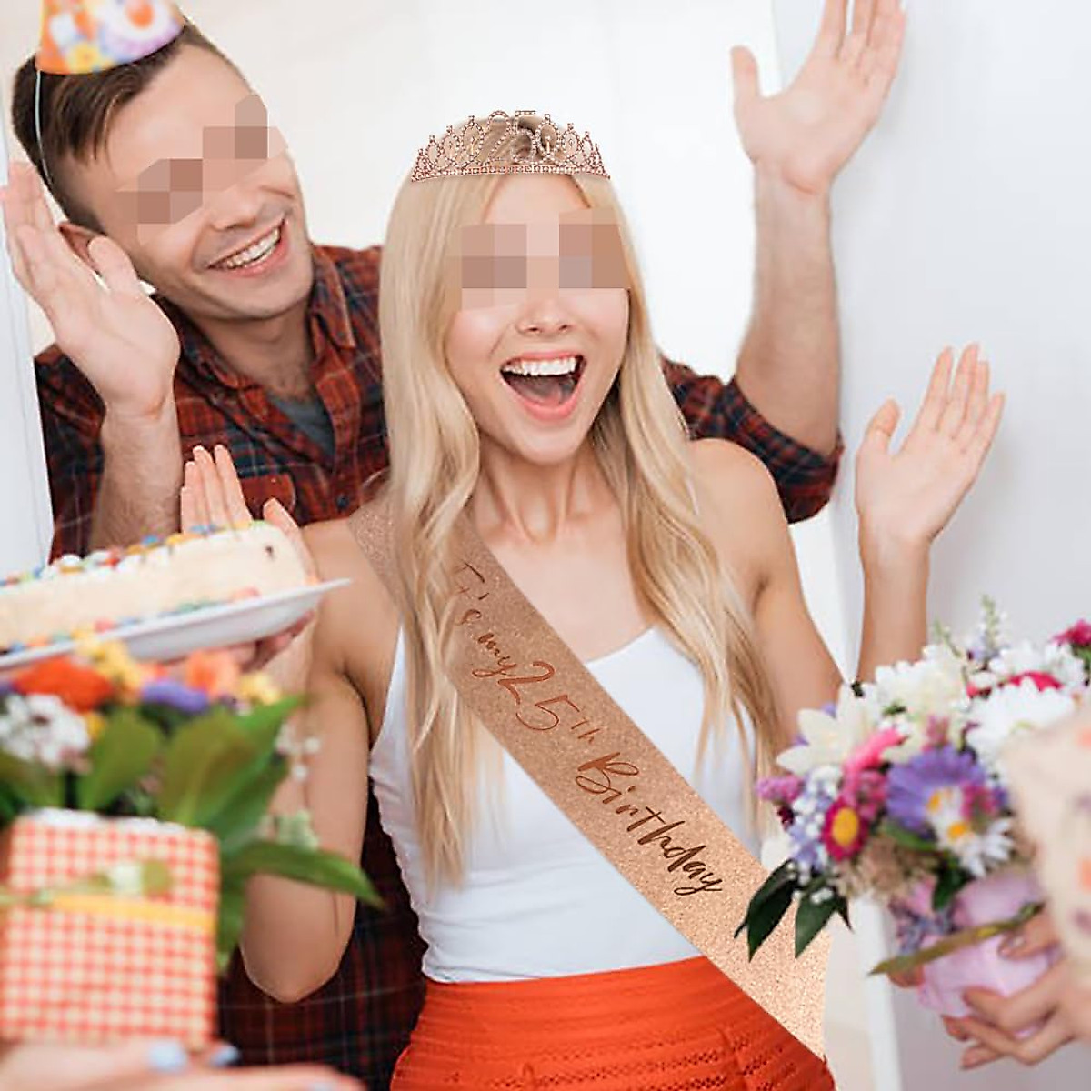 Ceqiny 25th Birthday Sash Tiara and Crowns for Girls, Birthday Queen Rose Gold Tiara, Princess Tiara Rhinestone Headbands with Combs Bridal Wedding Tiaras for Wedding Prom Bridal Party Christmas