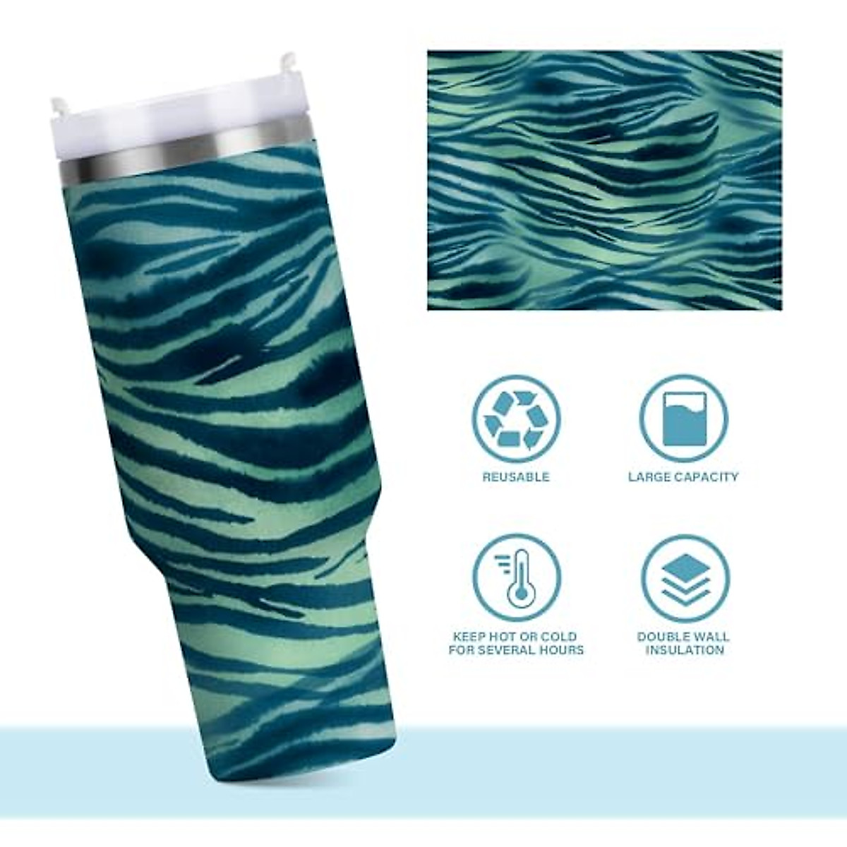 Burbuja Blue Green Zebra Skin 40oz Insulated Tumblers with Handle and Straw Lid, Double Wall Stainless Steel Travel Mug Leak-Proof, BPA Free, Gift for Mom Dad