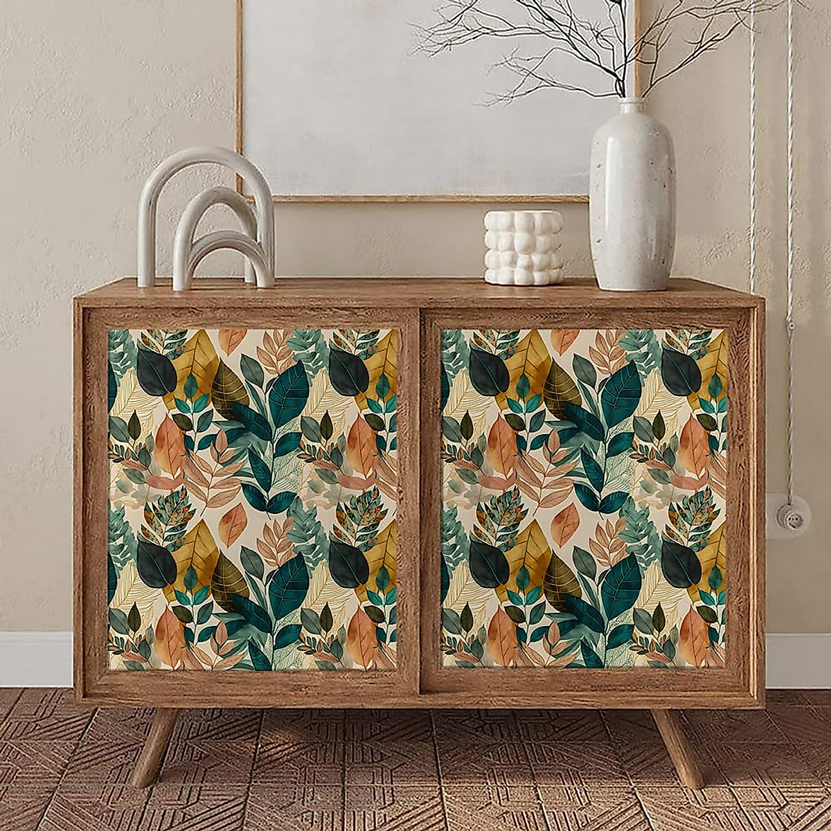 MuralPeel Boho Brown/Green/Yellow Leaf Botanical Plants Peel and Stick Wallpaper Vintage Easy Peel Off Contact Paper Self Adhesive Removable Stick on Wall Paper for Kitchen Cabinet Renter Friendly