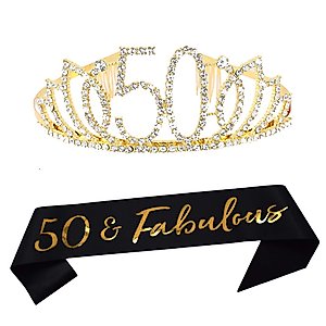 Dgasin 50th Birthday Tiara and Sash Happy 50th Birthday Party Supplies 50 Fabulous Black Glitter Satin Sash and Crystal Tiara Princess Birthday Crown for Women 50th Birthday Party Decorations
