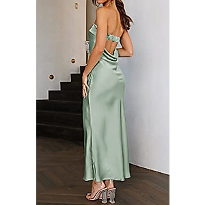ZESICA Women's 2023 Summer Satin Strapless Dress Sexy Backless Bodycon Wedding Cocktail Party Maxi Dresses,Sage,Large