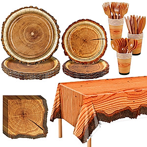 durony 129 Pieces Camping Birthday Party Supply Hunting Party Plate Tablecloth Cup Napkins Wood Slice Tableware Decorations for Kids Camo Hunter Themed Party