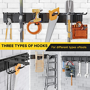 Garage Organization, Garage Tool Organizer Wall Mount with 48 inches Rails and 6 Double-layer Hooks, Tool Organizer Rack Garage Hanging Storage Rack For Yard Tools, Shovel, Chair, Snowborad