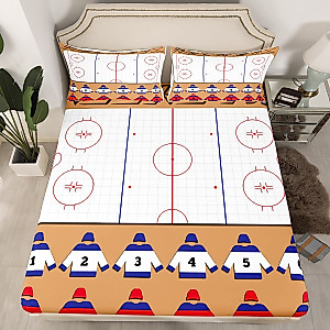 Ice Hockey Kids Fitted Sheet Twin Size,Abstract Ice Hockey Field Bedding Set,Boys Adults Bedroom Decor,Sportswear Winter Games Bed Cover,Stylish Brown Modern Bed Sheet,2pcs,1 Pillowcase