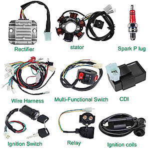 HOOTO Complete Wiring Harness kit for ATV Quad 4 Stroke 50cc 70cc 90cc 110cc 125cc Pit Quad Dirt Bike Go Kart Quad Wire Harness Complete Electrics Stator Coil CDI Solenoid Relay Spark Plug, Lead