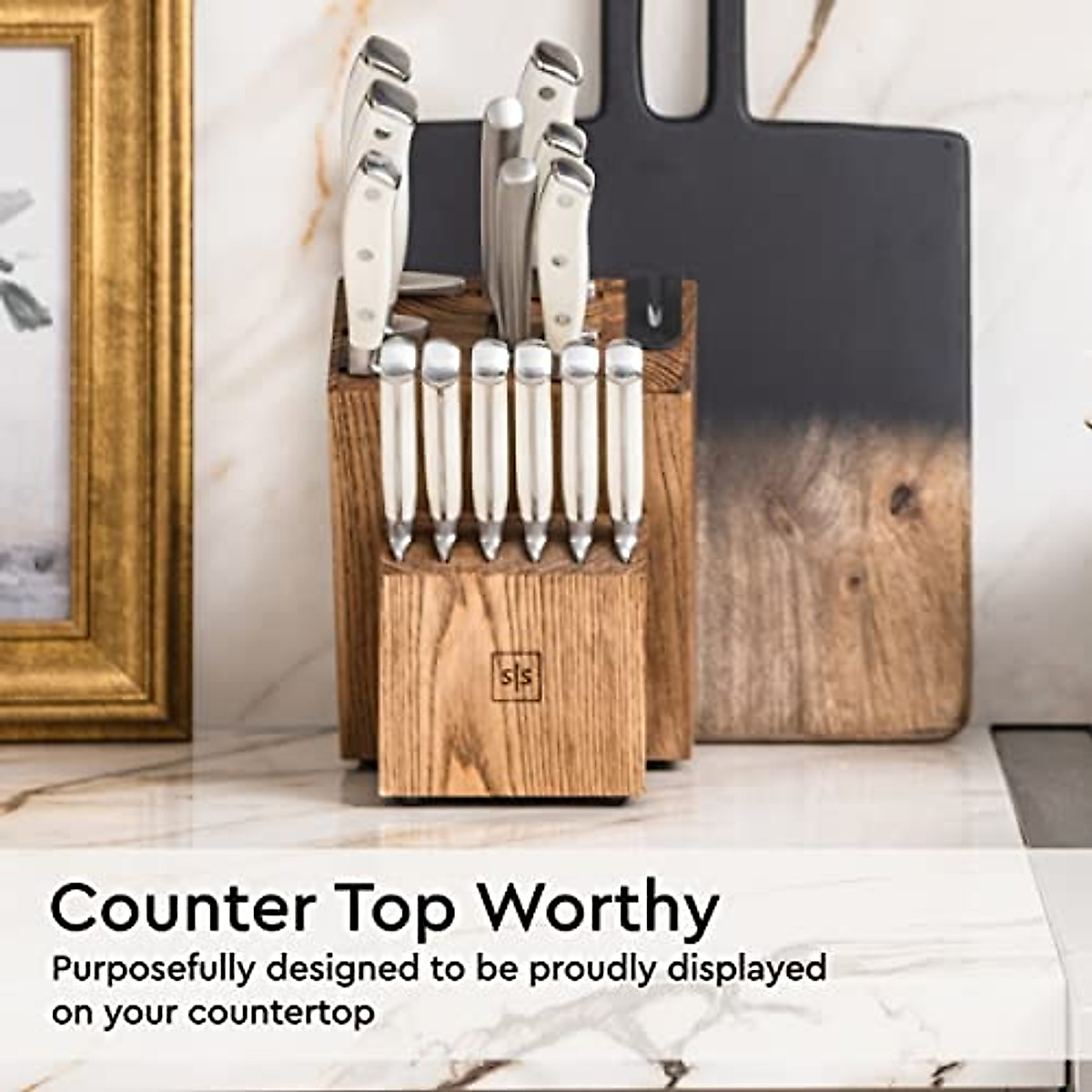 White Knife Set with Block - 14 Piece Forged Stainless Steel Triple Rivet White Kitchen Knife Set with Heavy Duty Kitchen Shears and Self Sharpening Knife Block Set