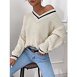 SHENHE Women's V Neck Ribbed Knit Long Sleeve Drop Shoulder Pullover Sweater Tops Beige M