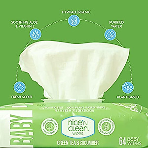 Nice 'N Clean Scented Baby Wipes | Made with Plant-Based Fibers | Green Tea Cucumber Scent | 64 Wipes (Pack of 6)