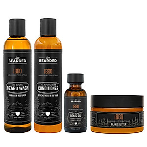 Live Bearded Complete Beard Grooming Kit, Made in the USA with All-Natural Ingredients - Beard Wash, Conditioner, Beard Butter & Beard Oil Kit - Mens Beard Grooming Set, in Scent 1880, Sweet Bourbon