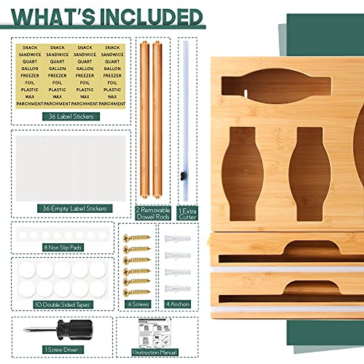 TRENDYYA 6in1 Ziplock Bag Organizer for Drawer and Wall, Baggie Organizer for Drawer & Foil and Plastic Wrap Organizer For Gallon,Quart,Snack,Sandwich Bag & Wrap Rolls of 12.5"