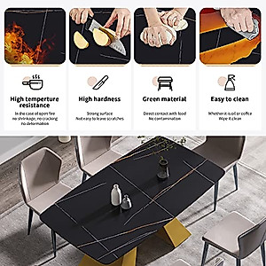 Modern Kitchen Dining Table, 63" Rectangular Sintered Stone Tabletop Dining Table with Gold Carbon Steel Table Legs, Kitchen Table Dining Room Table for Dining Room Living Room, Black(Without Chairs)