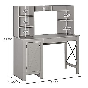 HOMCOM Farmhouse Computer Desk with Hutch and Cabinet, Home Office Desk with Storage, for Study, Light Grey