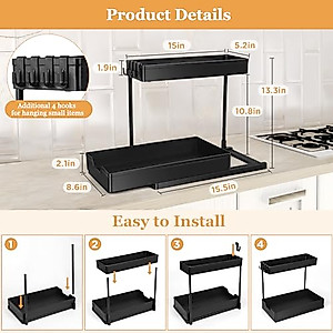 Under Sink Organizer 2 Tier, IVMAIE 2 Pack Under Sink Storage with 8 Hooks, L-Shaped Sliding Under Cabinet Shelf with Stopper, Small Plastic Undersink Organizers for Kitchen Bathroom, Black