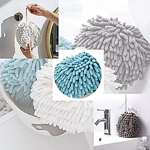 XINOBO 2 Pack Chenille Quick Dry Bath Hand Drying Puff Towel Balls, Creative Decorative Kitchen Hanging Fuzzy Towels Set Gadgets for Bathroom, Your Kids Hands Fast Drying - (Blue&Grey)