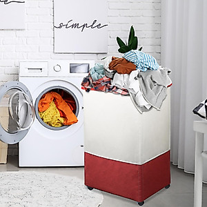 Laundry Basket with Wheels, Rolling Laundry Basket with Lid and Removable Bag, Collapsible Dirty Clothes Basket with Wheels for Bedroom, Bathroom, Dorm, Red/White