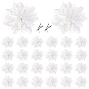 Sggvecsy 24 Pcs Christmas Glitter Poinsettia Flowers Christmas Tree Ornaments Artificial Christmas Flowers Decorations with Clips for Xmas Holiday Wedding Wreath Party Floral Decorations (White)