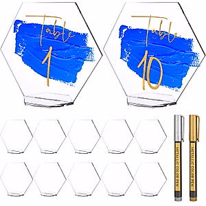 10 Pack Large Acrylic Hexagon Blank Table Stand, DIY Geometric Clear Plexiglass Number Sign Holder with Gold & Silver Marker Metallic for Modern Wedding Reception, Centerpiece Decoration Event Party