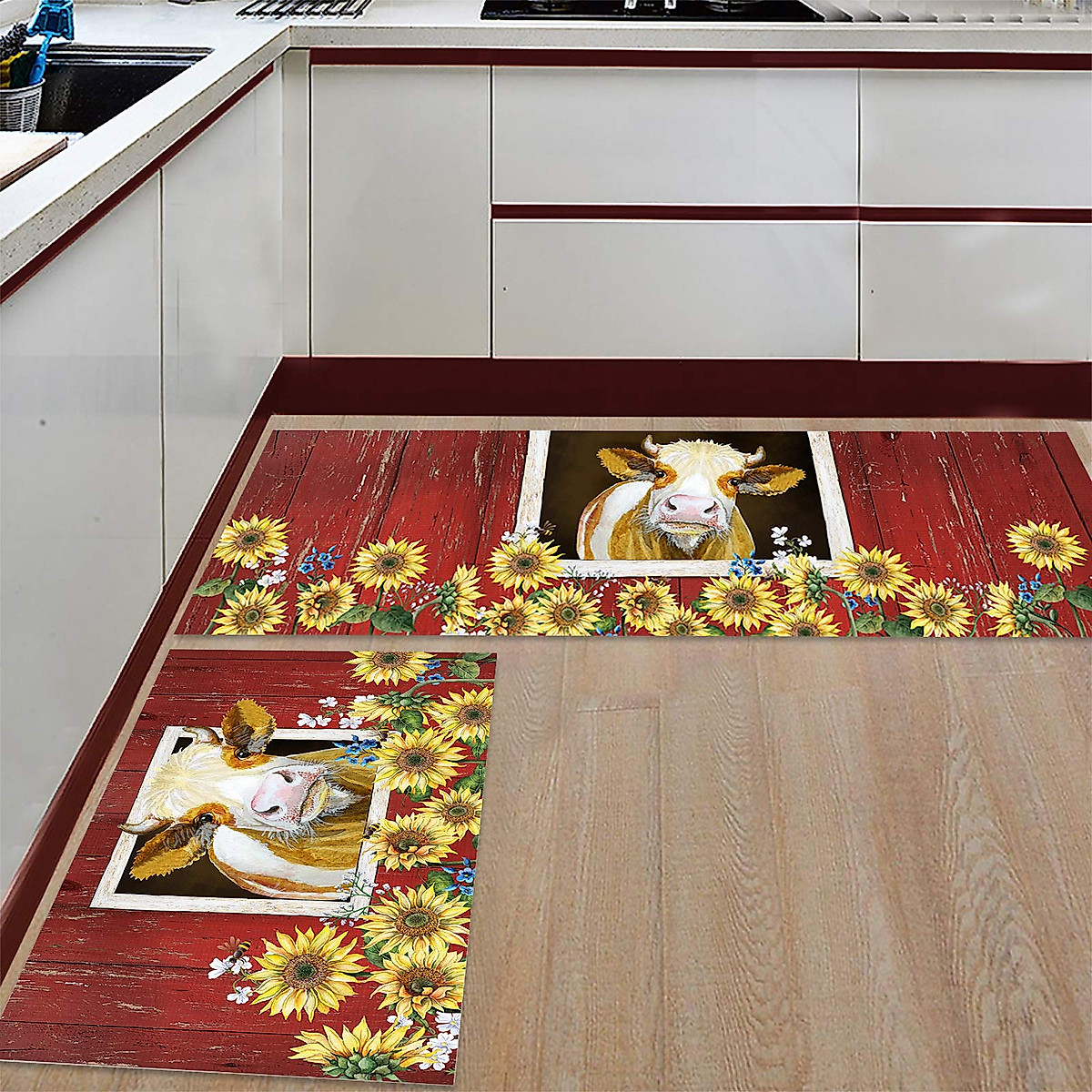 Z&L Home Kitchen Rug Set of 2 Piece, Farm Animal Cow in Red Wooden Barn Rugs and Mats for Kitchen Floor, Non Slip Rubber Backing Standing Door Mat Sunflowers 19.7x31.5in+19.7x47.2in