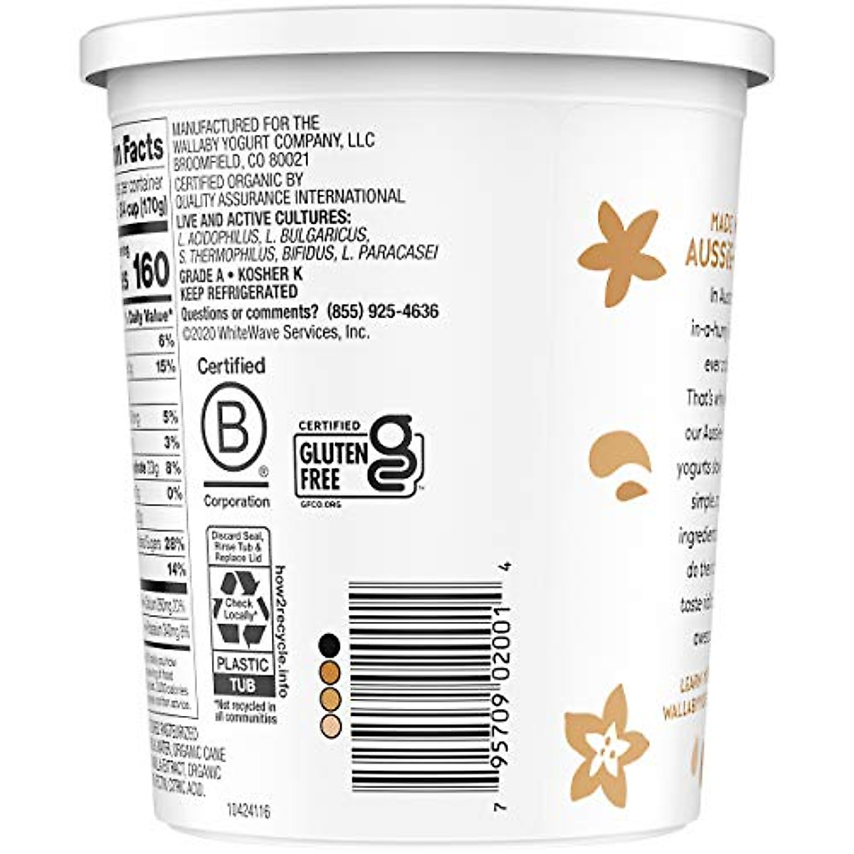 Wallaby Organic Aussie Smooth Whole Milk Regular Yogurt, Vanilla, USDA Organic, 32 oz.