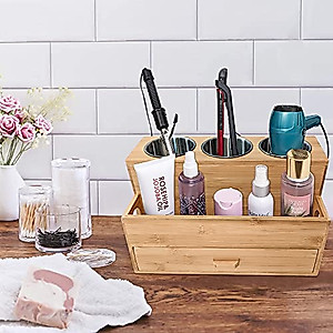 Harzen Brothers Hair Tool Organizer, Bamboo Hair Dryer and Styling Holder, Bathroom Countertop Blow Dryer Holder, Vanity Caddy Storage Stand for Accessories, Makeup, Toiletries