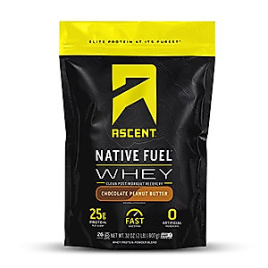 Ascent Native Fuel Whey Protein Powder - Post Workout Whey Protein Isolate, Zero Artificial Ingredients, Soy & Gluten Free, 5.7g BCAA, 2.7g Leucine, Essential Amino Acids, Chocolate Peanut Butter 2 lb