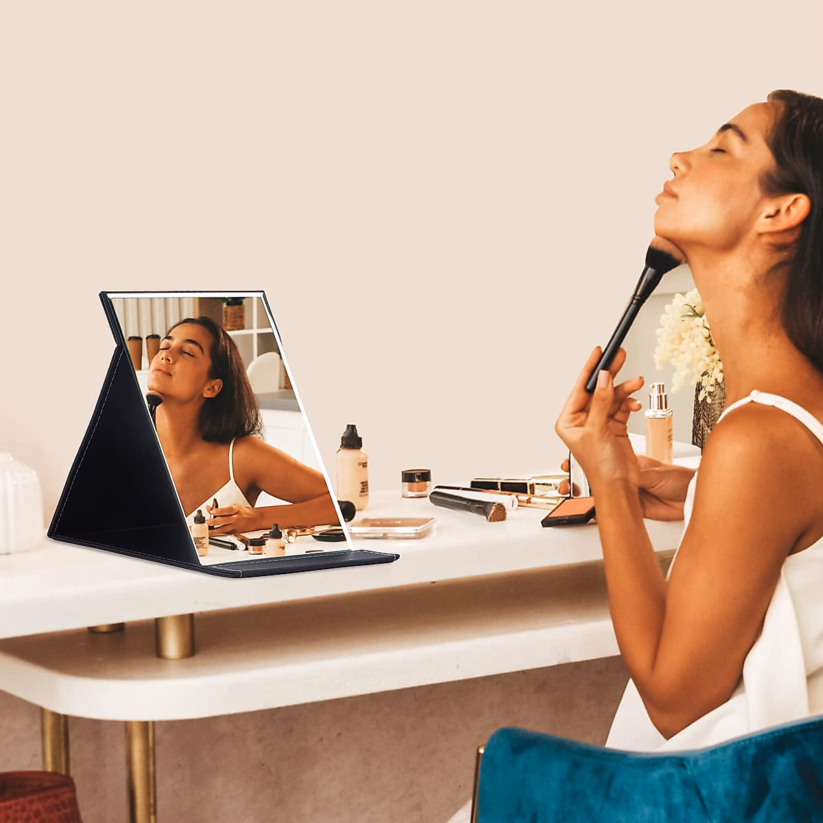 ZBEIVAN 12x9 Inches Extra Large Portable Folding Makeup Mirror, Frameless PU Leather Vanity Mirror with Stand for Desk Table Camping Travel Personal, Black