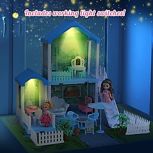 TOY Life Dollhouse - Doll House 4-5 Year Old with Lights - Toddler Girls Doll House 3 Year Old 20" x 19" x 11" with 2 Dolls 3 Princess Doll Dream House Rooms, Furniture & Dollhouse Accessories