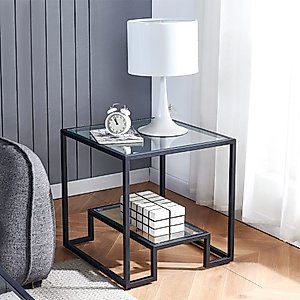 Black Metal Glass Coffee Table - Simple End Table for Living Room Home, Minimalist Metal Style Coffee Table with 2 Shelves, 21 inch Small Modern Side Table for Bedroom, Dinning Room,Office