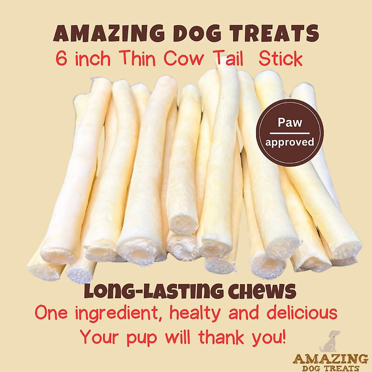 Amazing Dog Treats Cow Tail Dog Chew- (Variety Size 4-6 Inch - 2 Lb) Premium Quality - Thin - Sourced from Grass Fed Cattle - Long Lasting Dog Chew- Rawhide Alternative