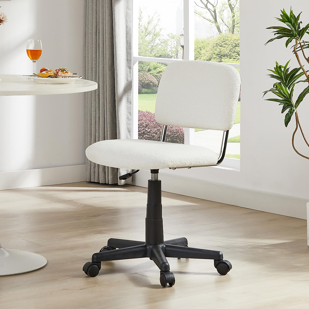 VECELO Armless Home Office Sherpa Vanity Chair with Wheels Faux Fur, Swivel Height Adjustable for Bedroom Makeup, White