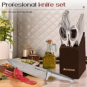 Knife Set, Astercook 15 Pcs Knife Sets for Kitchen with Block, Dishwasher Safe Kitchen Knife Set with Built-in Sharpener, German Stainless Steel Knife Block Set
