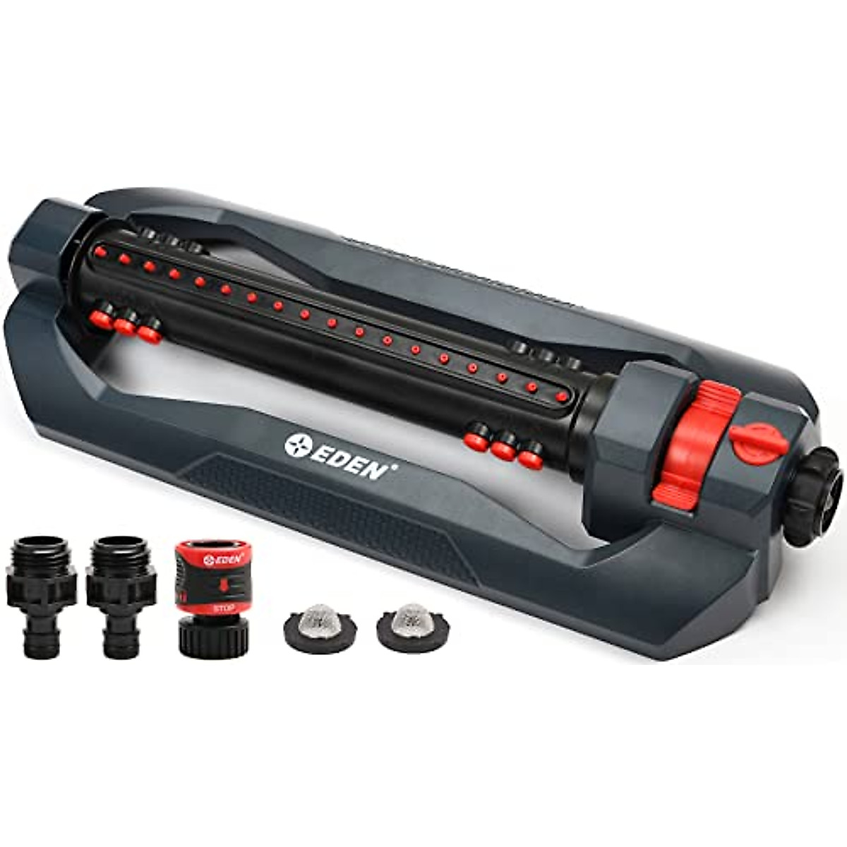 Eden Turbo Oscillating Sprinkler for Large Yard and Lawn W/Quick Connector Starter Set 96212 Covers up to 4,499 sq. ft., black/red