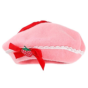 Berets Strawberry Bow Woolen Beret Hat Wool Cap Pink Handmade Fashion Warm Hat